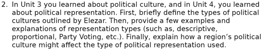 [GET ANSWER] 2. In Unit 3 you learned about political culture, and in ...