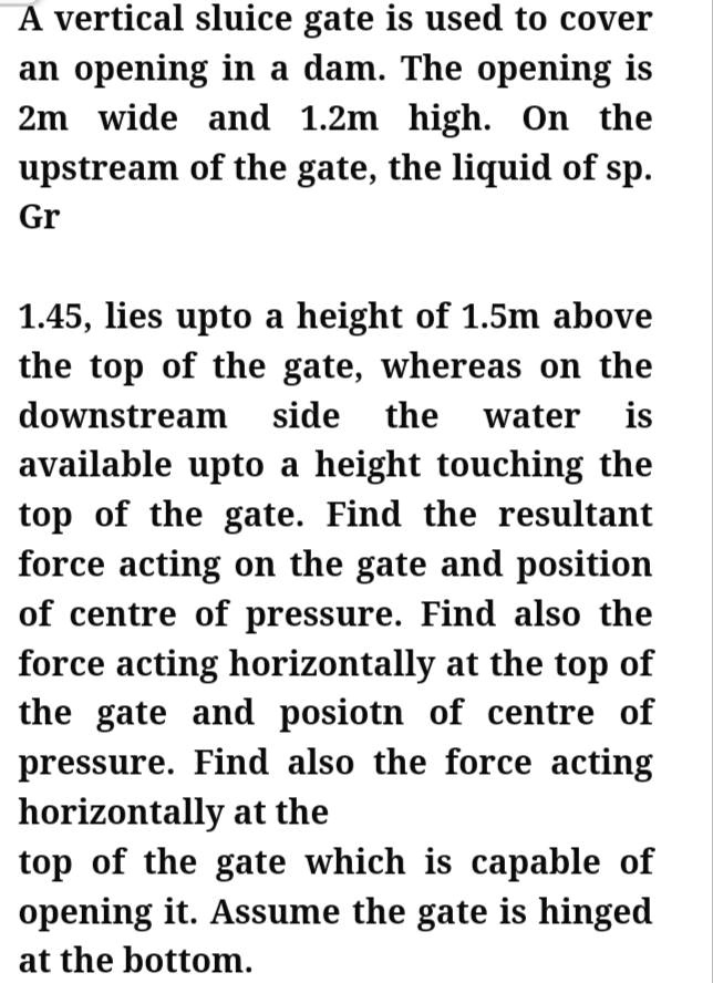 A vertical sluice gate is used to cover an opening in a dam. The ...