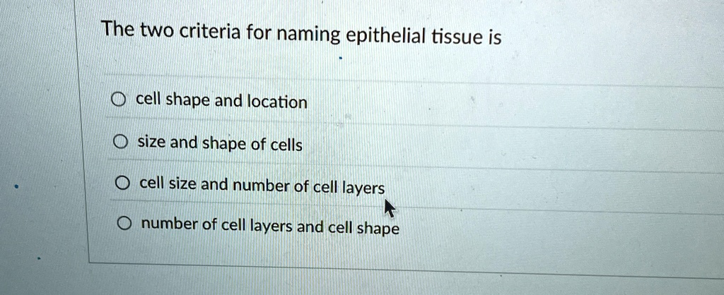 The two criteria for naming epithelial tissue is O cell shape and ...
