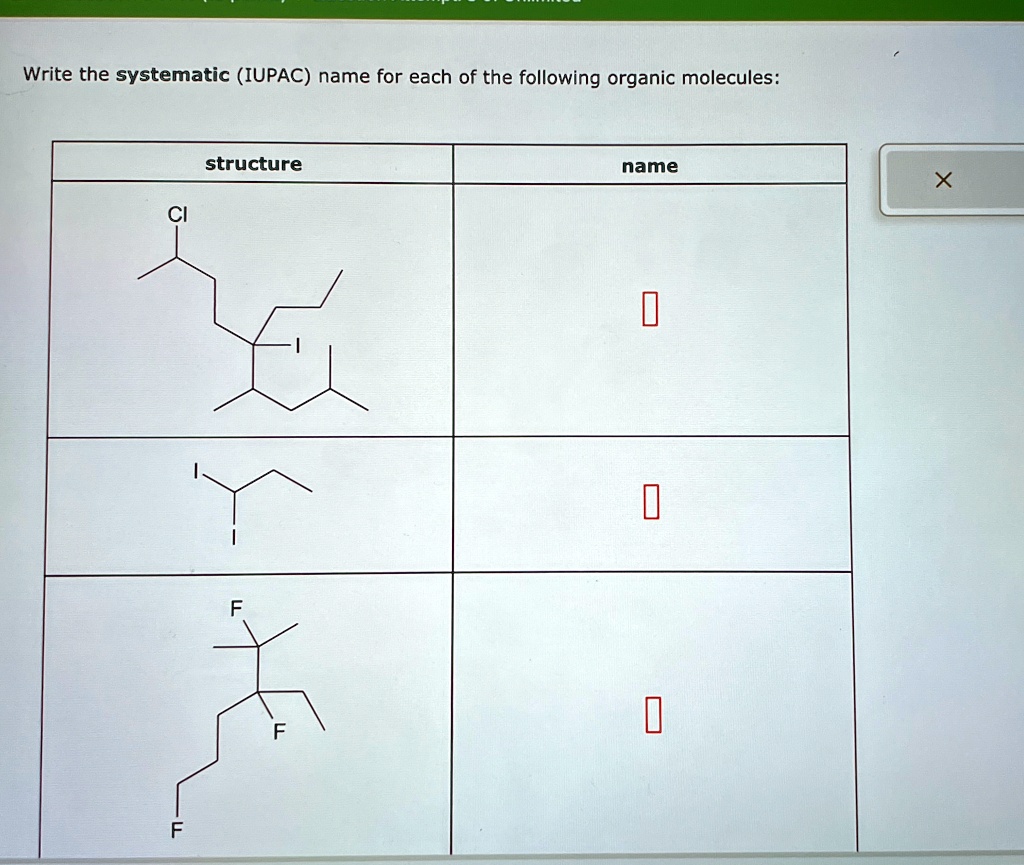 Write the systematic (IUPAC) name for each of the following organic molecules: structure name Cl X