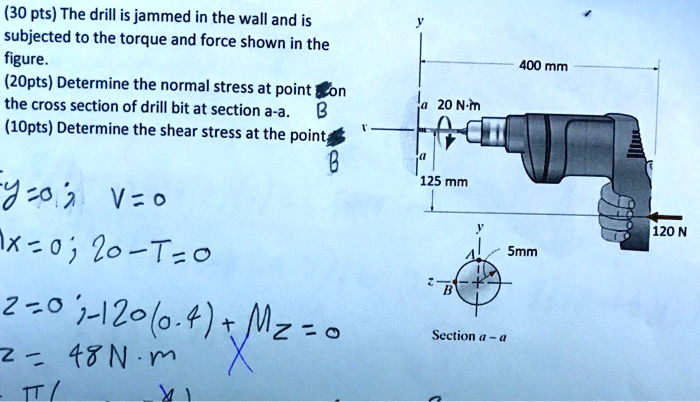 (30 pts) The drill is jammed in the wall and is subjected to the torque ...