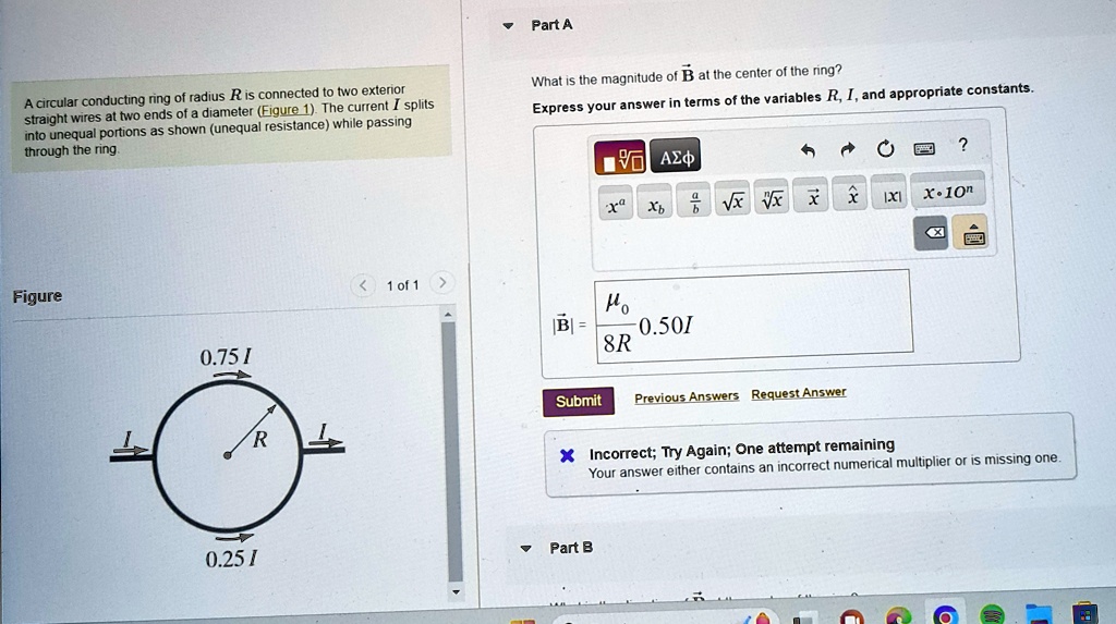 Part A A circular conducting ring of radius R is connected to two exterior straight wires at two ...