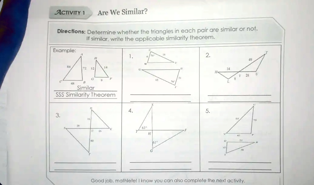 ACTIVITY 1 Are We Similar? Directions: Determine whether the triangles in each pair are similar ...