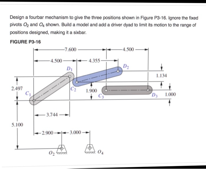 SOLVED: Design a four-bar mechanism to give the three positions shown ...