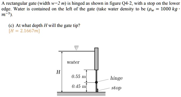 A rectangular gate (width w=2 m) is hinged as shown in figure Q4-2, with a stop on the lower ...