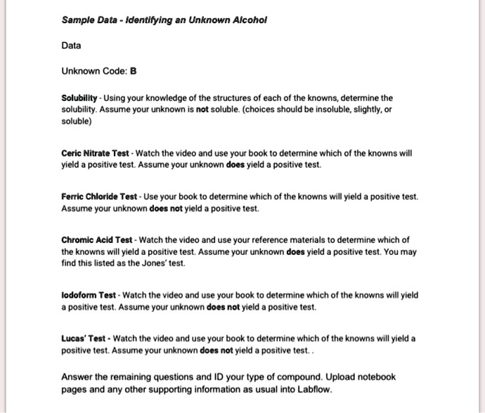 Sample Data - Identifying an Unknown Alcohol Data Unknown Code: B Solubility - Using your ...
