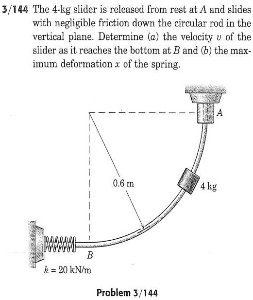 3/144 The 4-kg slider is released from rest at A and slides with negligible friction down the ...