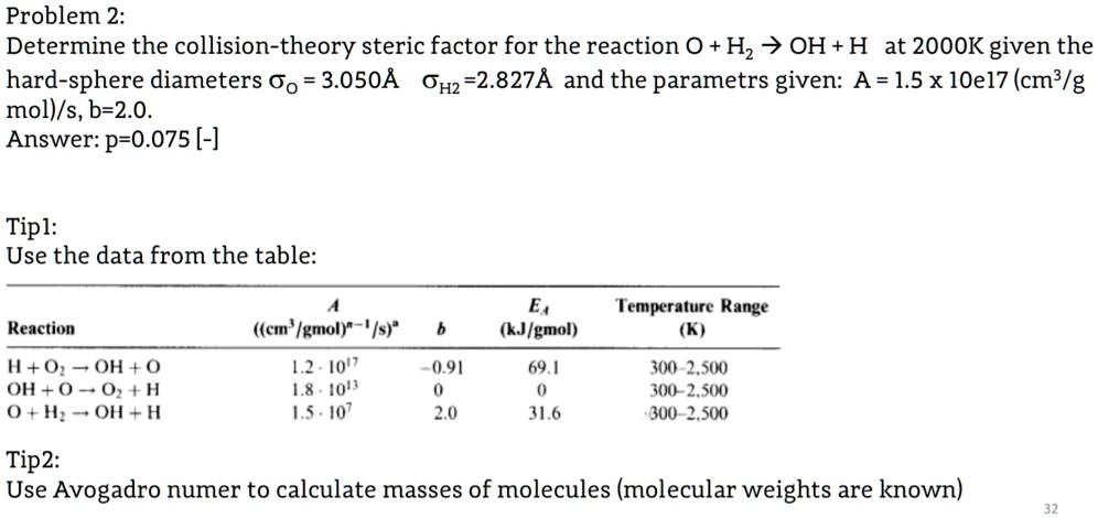 problem 2 determine the collision theory steric factor for the reaction ...