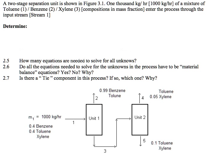 SOLVED: A two-stage separation unit is shown in Figure 3.1. One thousand kg/hr [1000 kg/hr] of a ...