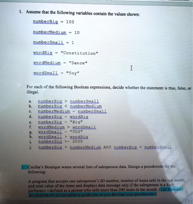 1 Assume That The Following Variables Contain The Values Shown Numberbig 100 Numbermedium 