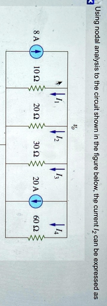 Using nodal analysis to the circuit shown in the figure below, the current I2 can be expressed as
