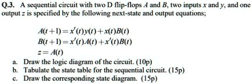 SOLVED: Q.3. A sequential circuit with two D flip-flops A and B, two inputs x and y, and one ...