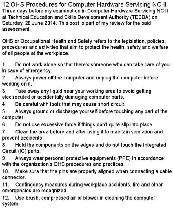ohs policies and procedures 12 ohs procedures for computer hardware servicing nc il three days ...