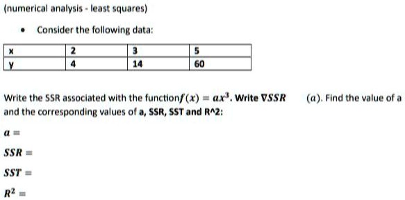 SOLVED: Numerical analysis - least squares Consider the following data: X y 2 4 3 14 5 60 Write ...