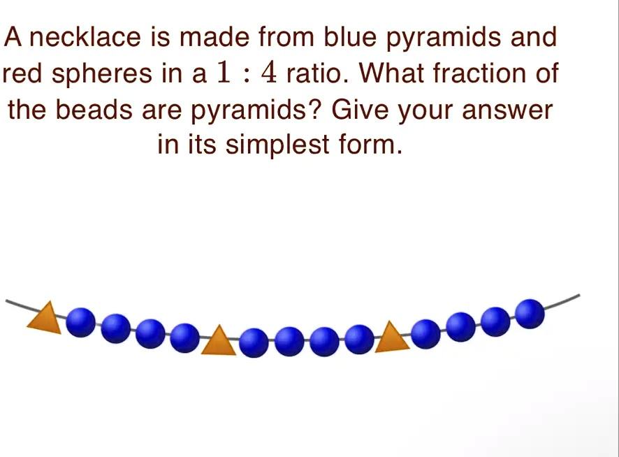 A necklace is made from blue pyramids and red spheres in a 1 : 4 ratio ...
