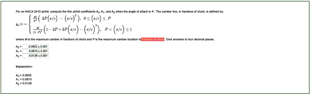 SOLVED: For an NACA 2410 airfoil, compute the thin airfoil coefficients ...
