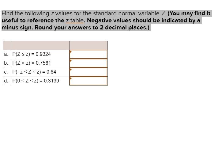 SOLVED: Find the following z values for the standard normal variable Z. (You may find it useful ...