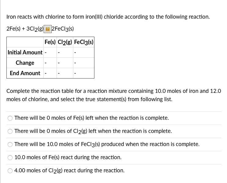 Iron reacts with chlorine to form iron(III) chloride according to the ...