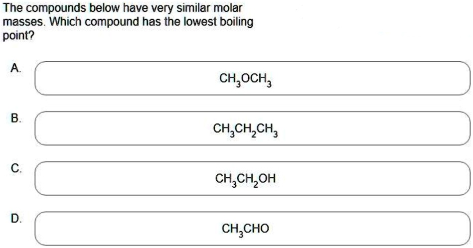 The compounds below have very similar molar masses. Which compound has the lowest boiling point ...