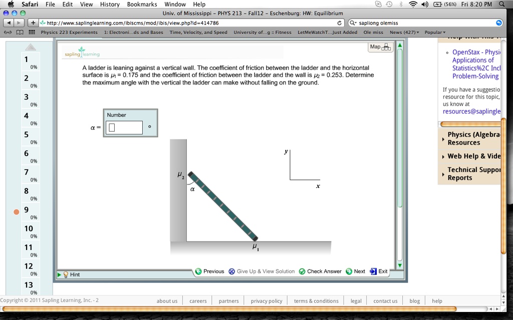 SOLVED: A ladder is leaning against a vertical wall. The coefficient of ...