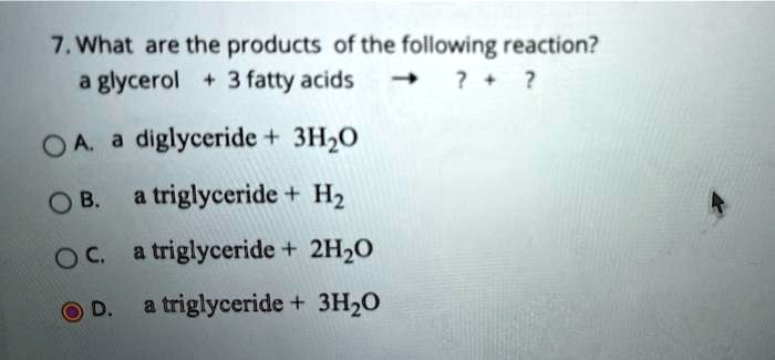 What are the products of the following reaction? Glycerol + fatty acids ...