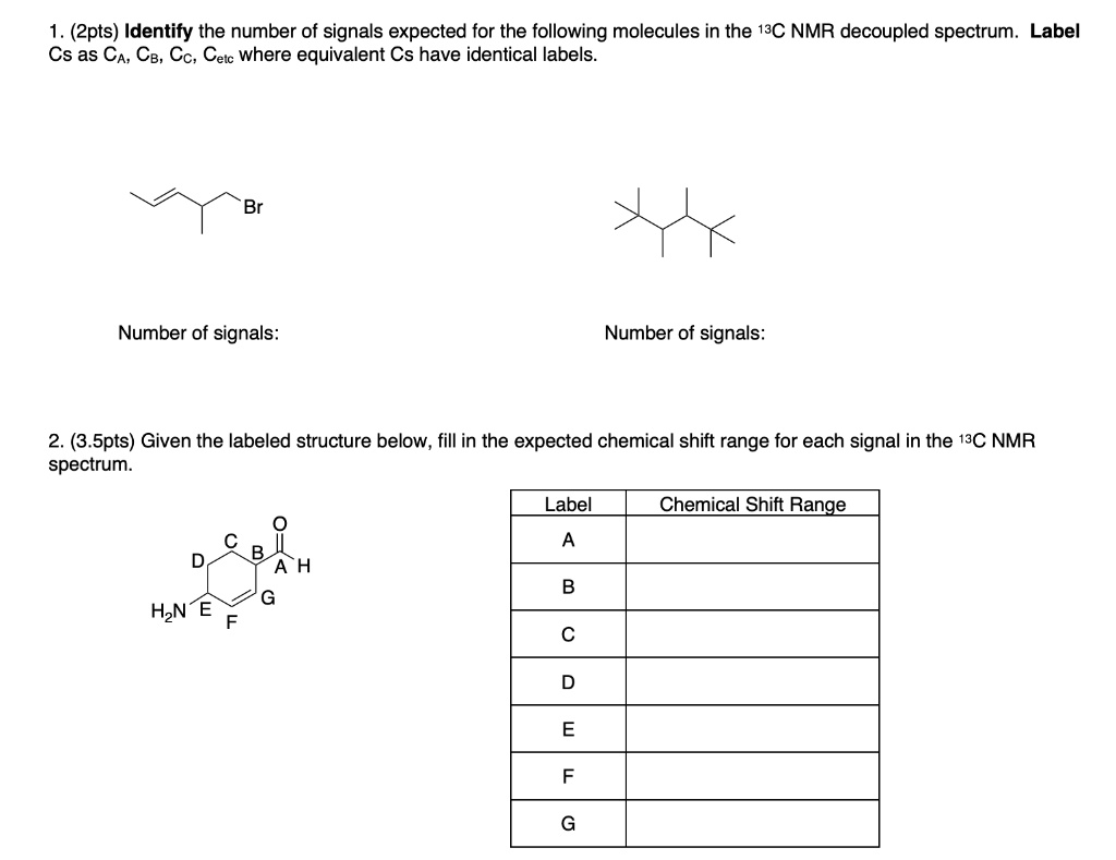 SOLVED: (2pts) Identify the number of signals expected for the following molecules in the 13C ...