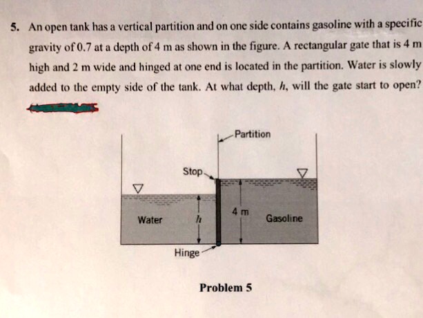 SOLVED: An open tank has a vertical partition and on one side contains gasoline with a specific ...