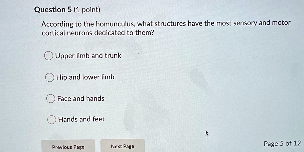 Question 5 (1 point) According to the homunculus, what structures have ...