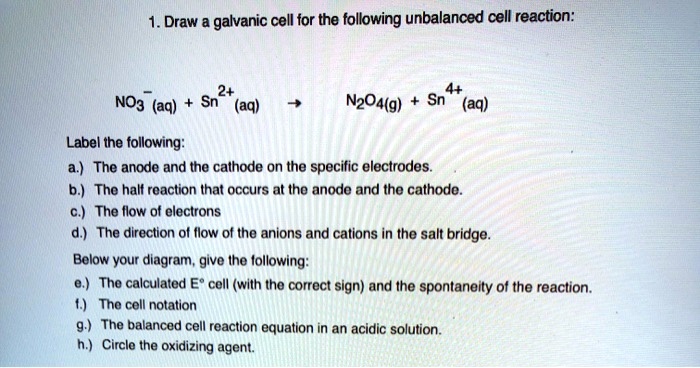 SOLVED: Draw galvanic cell for the following unbalanced cell reaction: NO3 (aq) + Sn (aq) N2O4(g ...