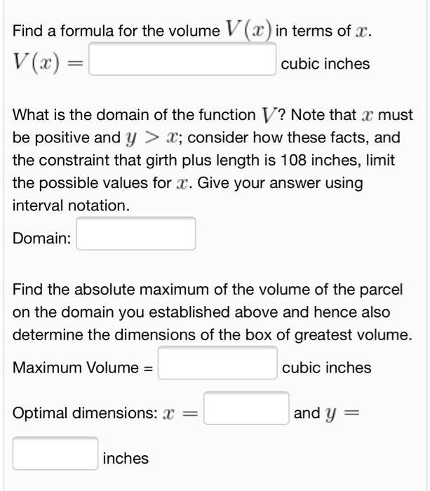 SOLVED: Find a formula for the volume V(x) in terms of x, in cubic ...