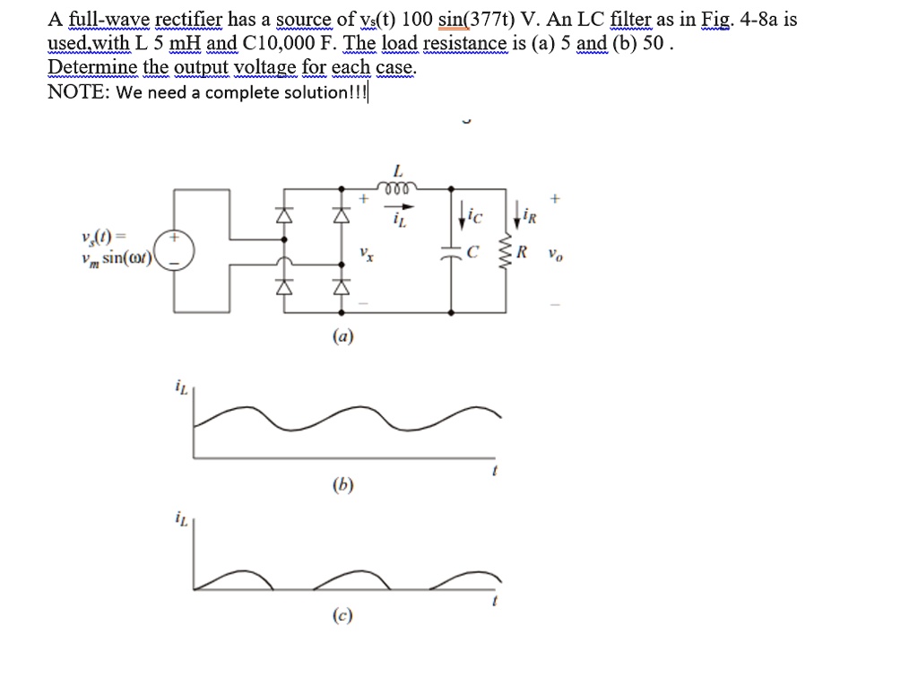 A full-wave rectifier has a source of vs(t) = 100 sin(377t) V. An LC ...