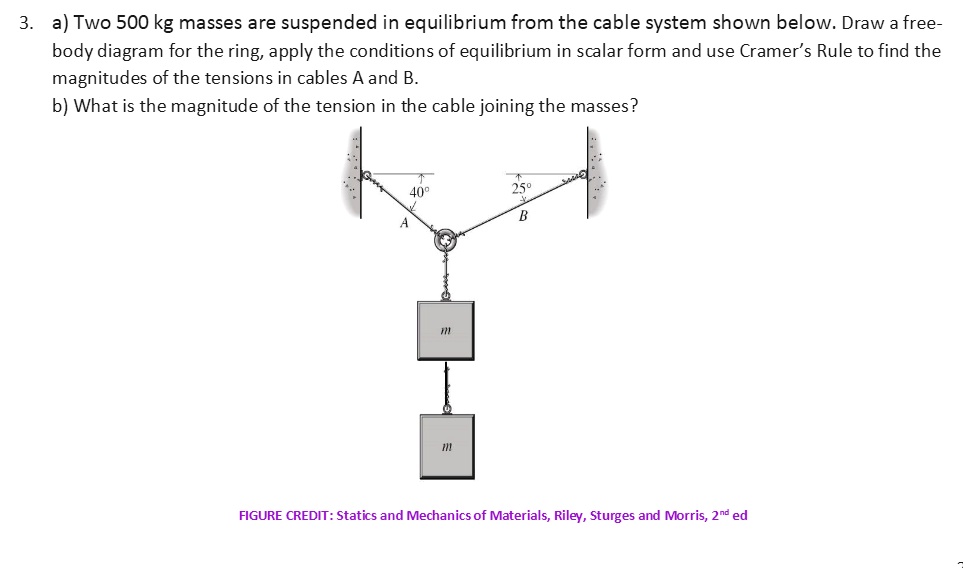 3. a) Two 500 kg masses are suspended in equilibrium from the cable ...