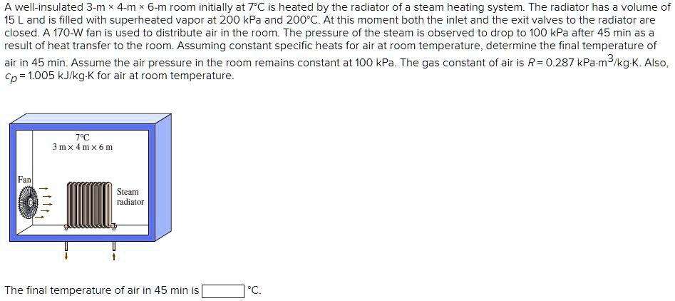 SOLVED: A well-insulated 3-m x4-m x 6-m room initially at 7'C is heated ...