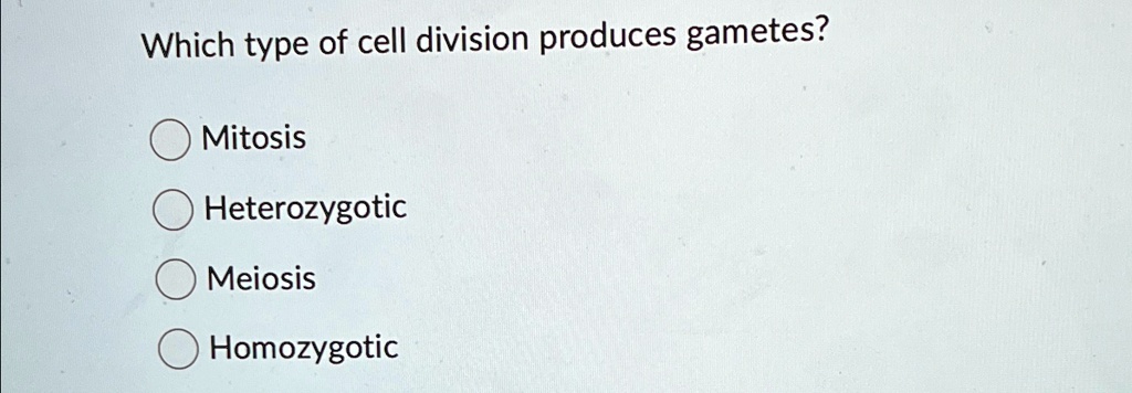 Which type of cell division produces gametes? ? Mitosis ? Heterozygotic ...