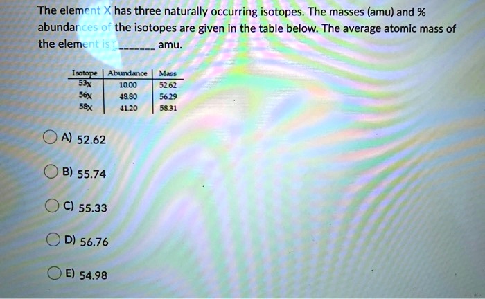 SOLVED: The element X has three naturally occurring isotopes. The masses (amu) and % abundarces ...