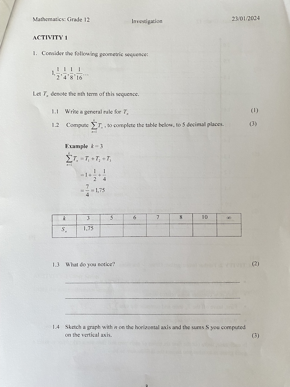 SOLVED: Mathematics: Grade 12 Investigation 23 / 01 / 2024 ACTIVITY 1 1. Consider the following ...