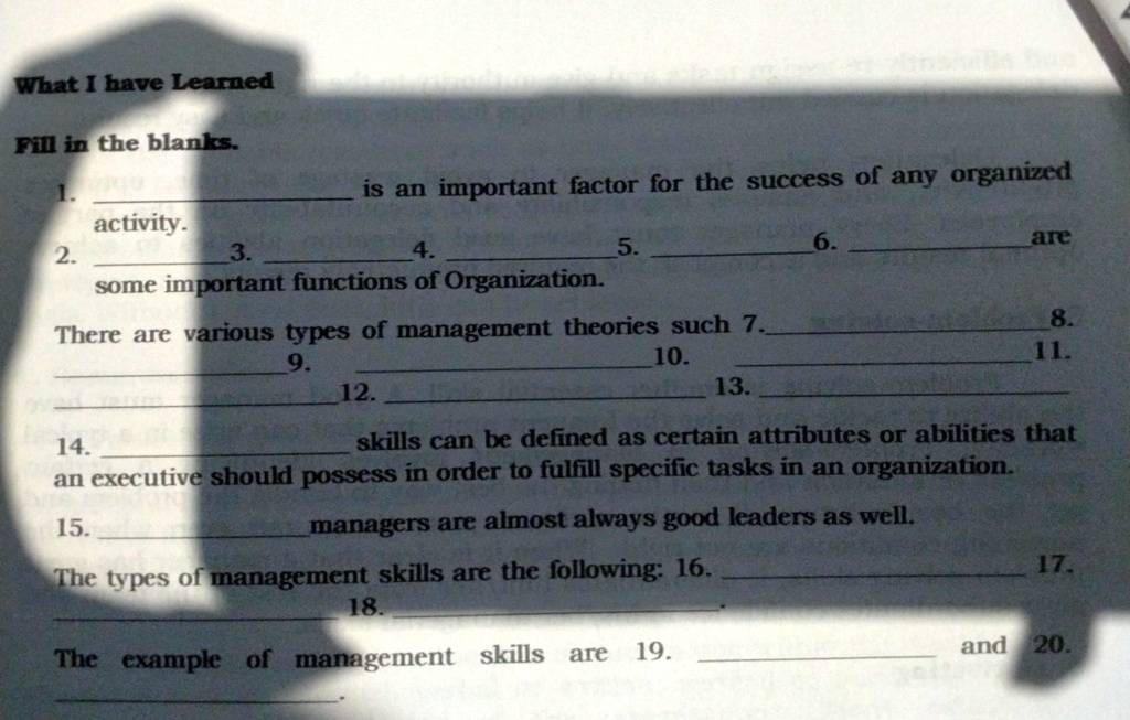 organization and management wbat i have learned f in the blanks is an ...
