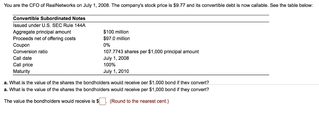 SOLVED: You are the CFO of RealNetworks on July 1, 2008. The company's stock price is 9.77 and ...