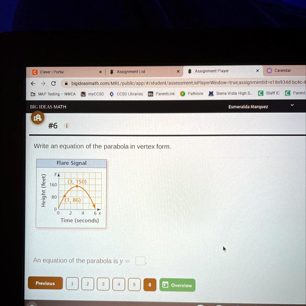 SOLVED: 'Write an equation of the parabola in vertex form. Clever Porta ...