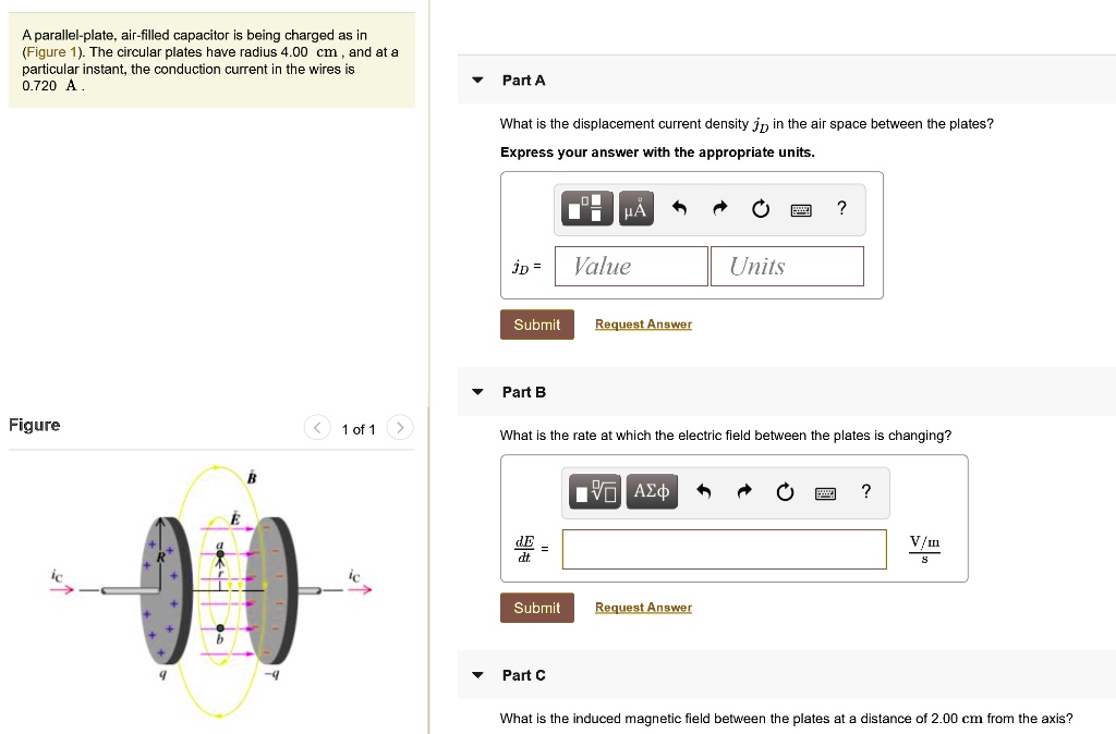 SOLVED: parallel-plate, air-filled capacitor being charged as in ...
