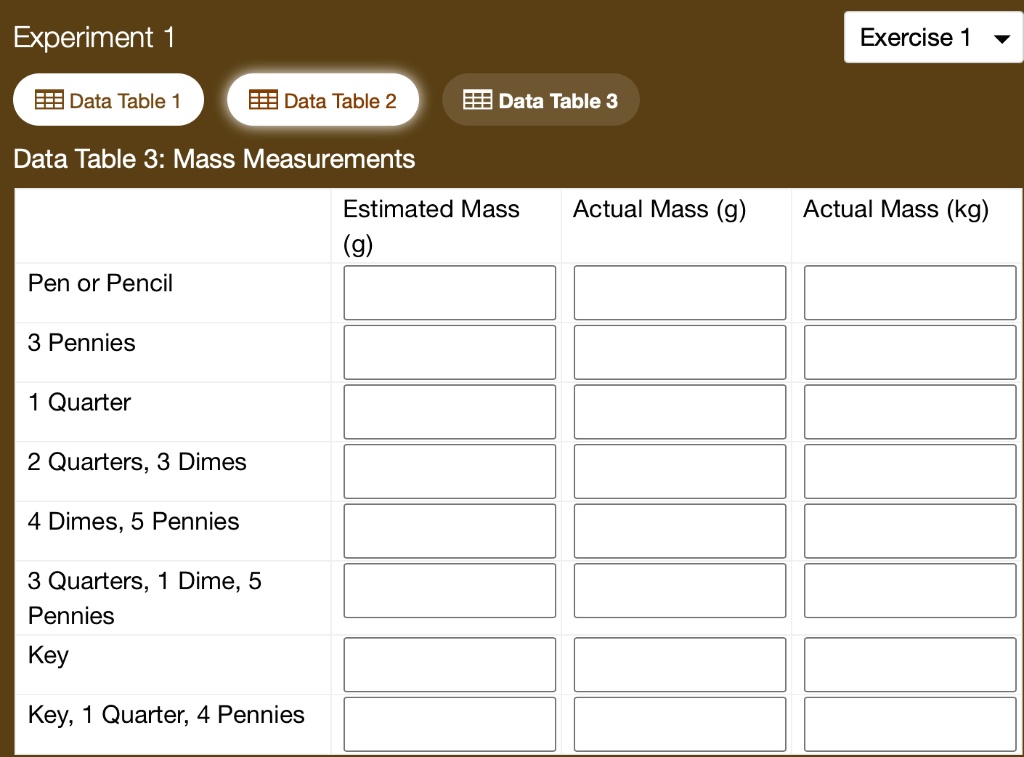 SOLVED: Experiment Exercise Data Table Data Table 2 Data Table 3 Data Table 3: Mass Measurements ...