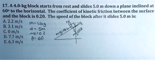 SOLVED: 17.A4.0-kg block starts from restand slides 5.0 m down a plane inclined at 600 to the ...