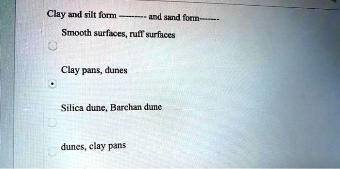 SOLVED: Clay and silt form O MARE DE D Smooth surfaces, ruff surfaces Clay pans, dunes and sand ...