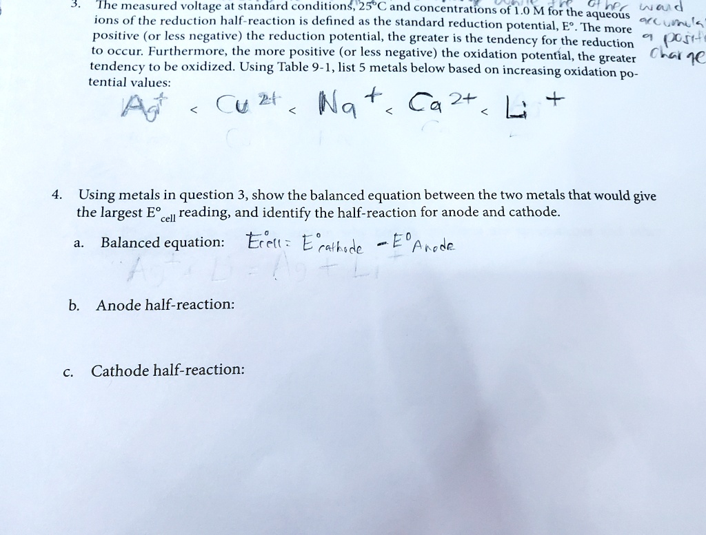using metals in question 3 show the balanced equation between the two metals that would give the ...