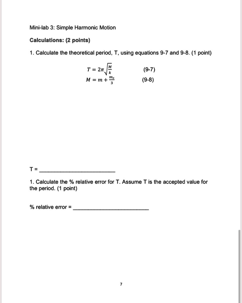 SOLVED:Mini-lab 3: Simple Harmonic Motion Calculations: (2 points) 1 ...