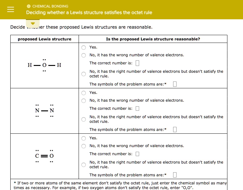 chemical bonding deciding whether a lewis structure satisfies the octet rule decide ler these ...