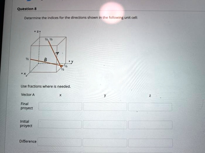 SOLVED: Question8 Determine the indices for the directions shown in the following unit cell: Use ...