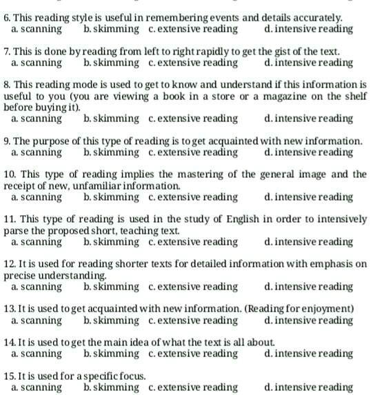 SOLVED: 6. This reading style is useful in remembering events and ...