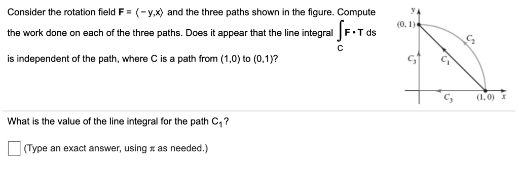 SOLVED: Consider the rotation field F = (-y, x) and the three paths shown in the figure. Compute ...