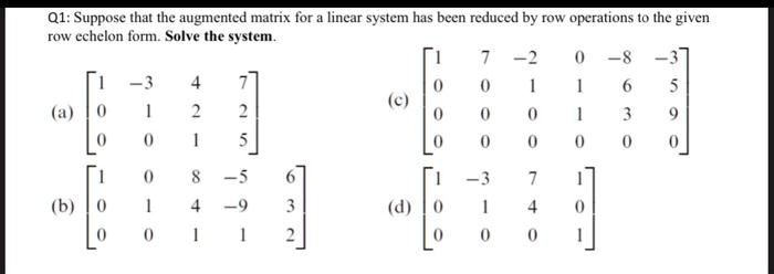 SOLVED: Q1: Suppose that the augmented matrix for a linear system has ...